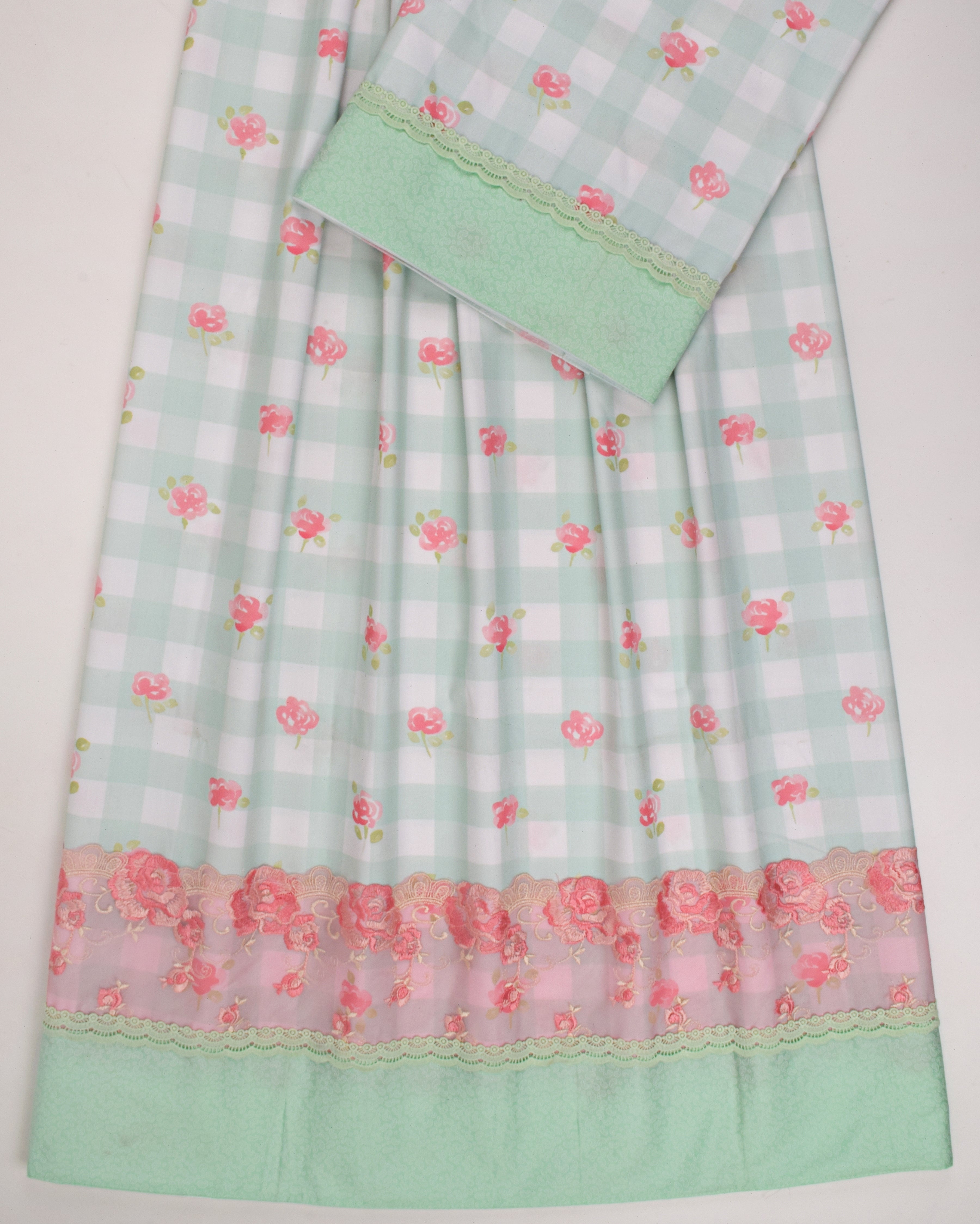 Light Green Checks Printed Rida With Smart Panel & Lace – AL-Vard ...